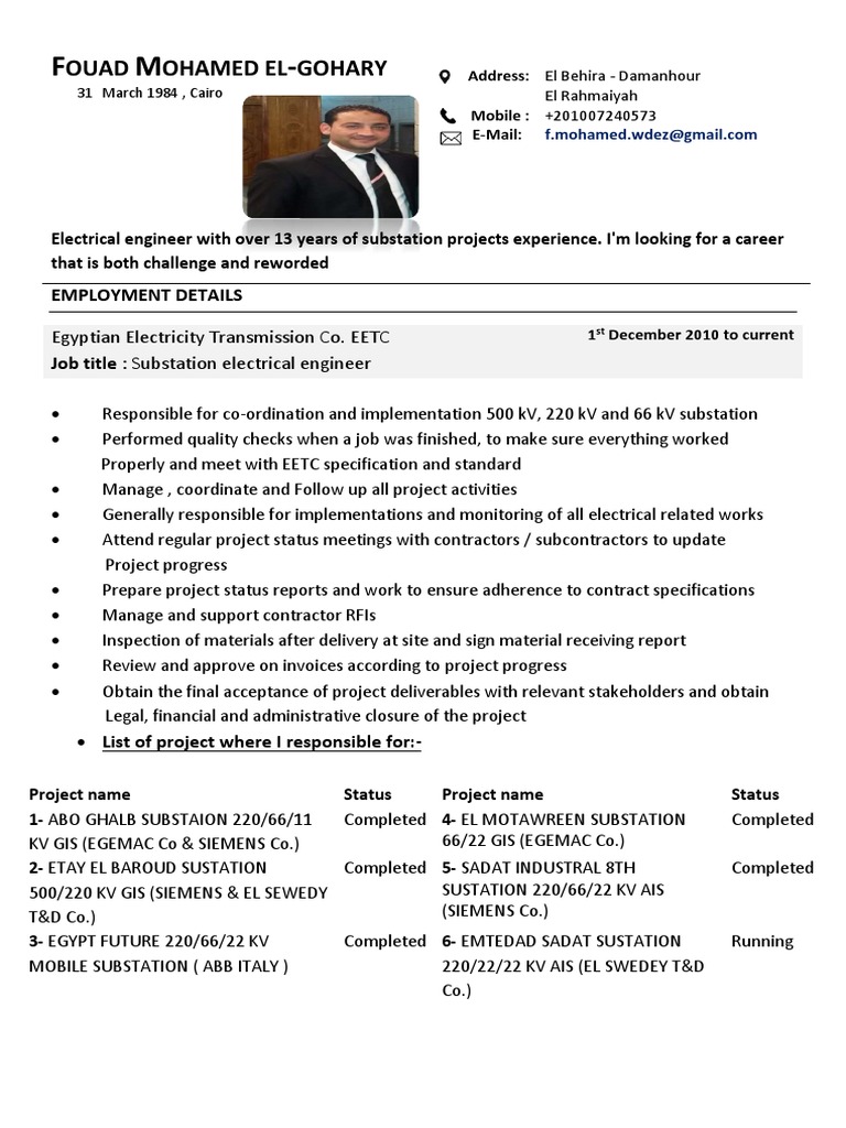 Electrical Engnieer CV | Download Free PDF | Electrical Substation ...
