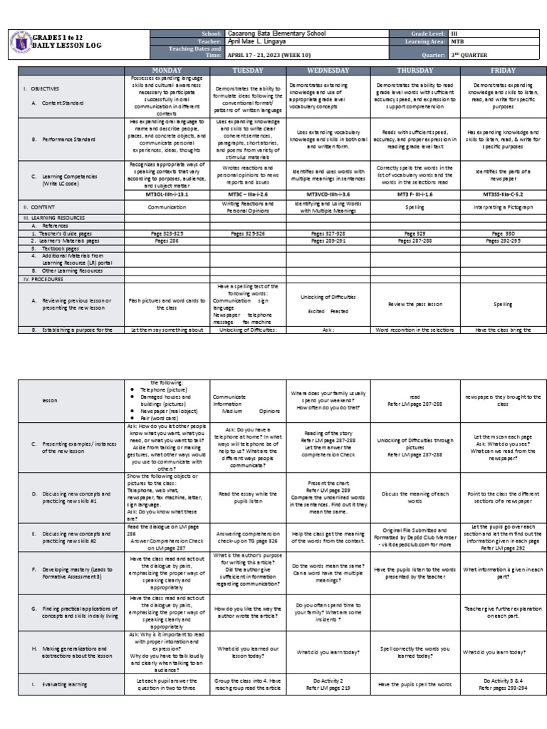 DLL - MTB 3 - Q3 - W10 | PDF | Vocabulary | Communication