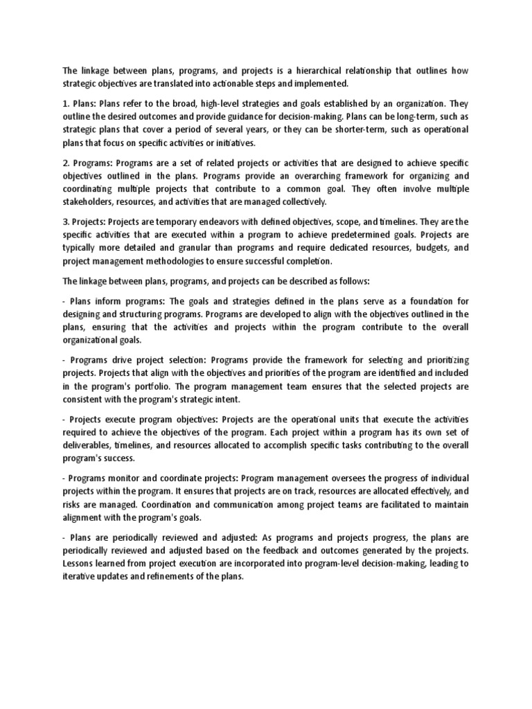 The Linkage Between Plans Program and Projects | PDF | Goal | Strategic ...