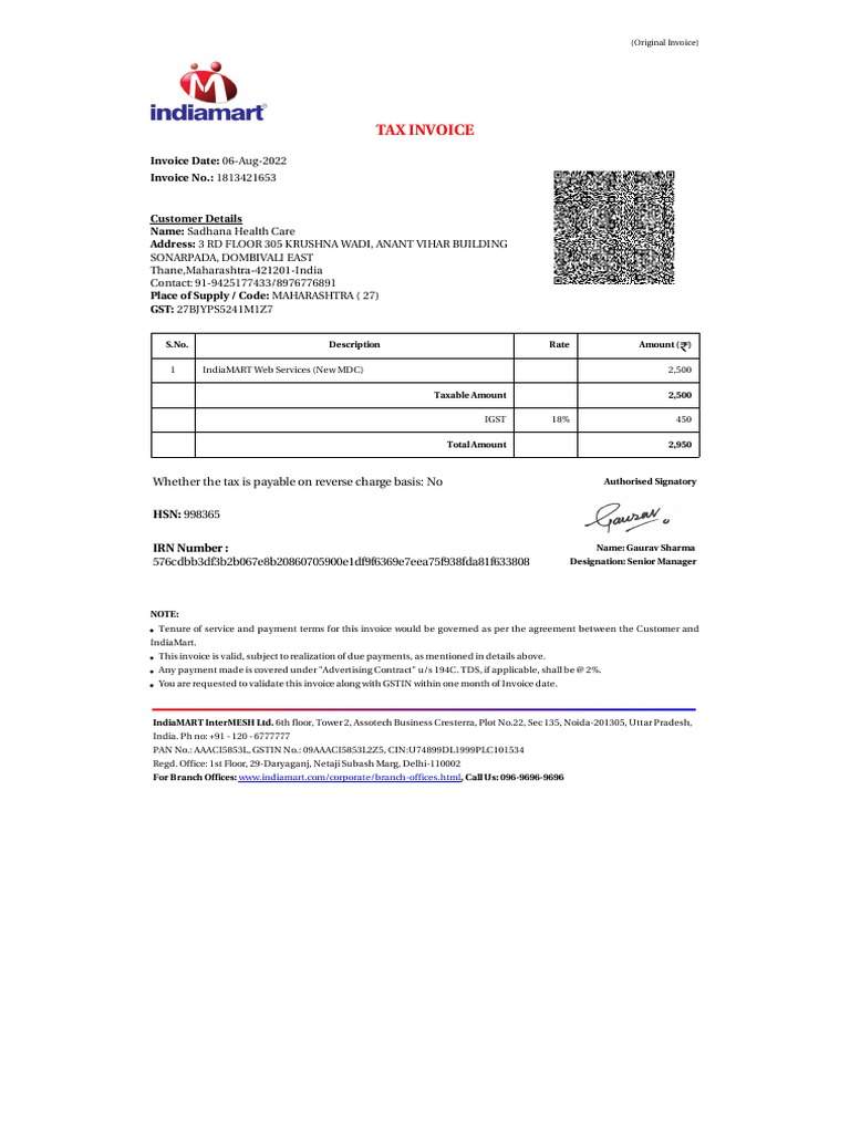 Tax Invoice: Invoice Date: 06-Aug-2022 Invoice No.: 1813421653 | PDF ...