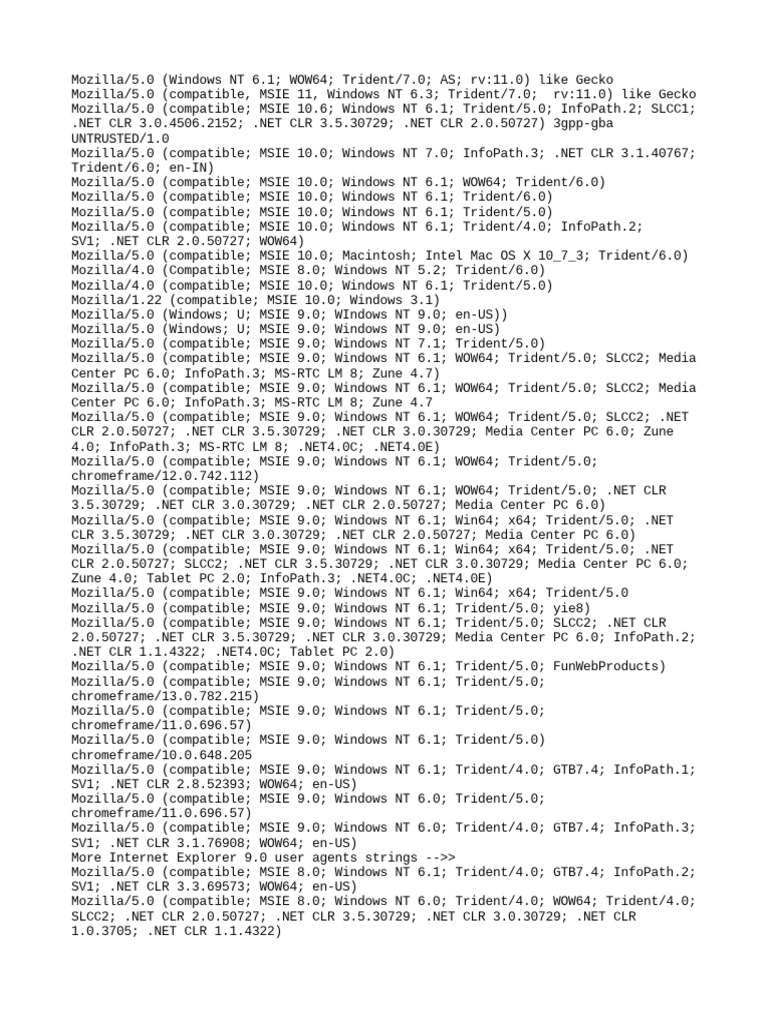 User Agent Strings for IE and .NET | PDF | Internet Explorer | Microsoft Windows