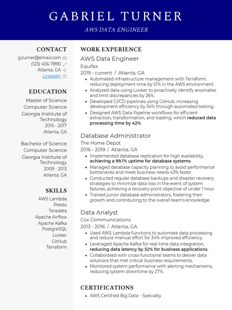 Aws Data Engineer Resume Example | Download Free PDF | Amazon Web ...