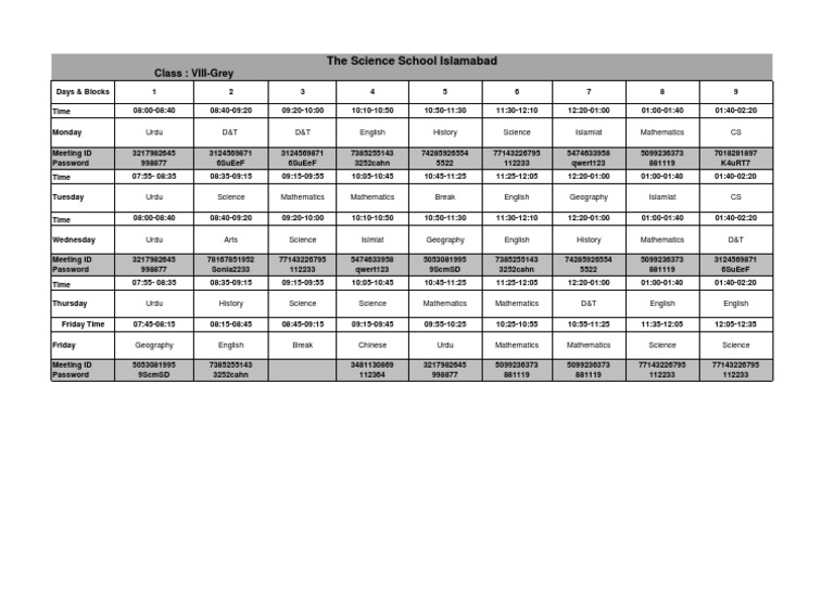 VIII-Grey Class Time Table | PDF