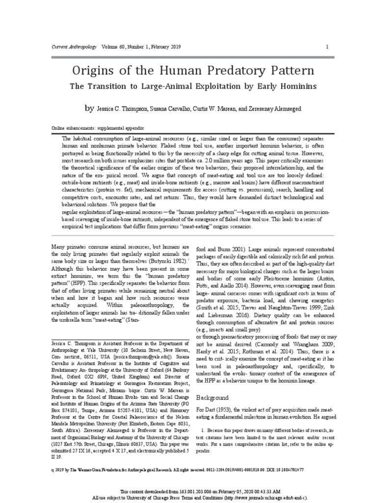 Thompson Et Al. Origins of The Human Predatory Pattern | PDF | Predation