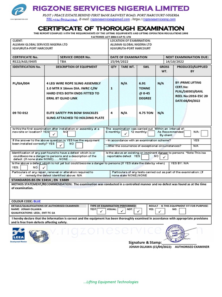 Skip Lid Sling Certificate | PDF