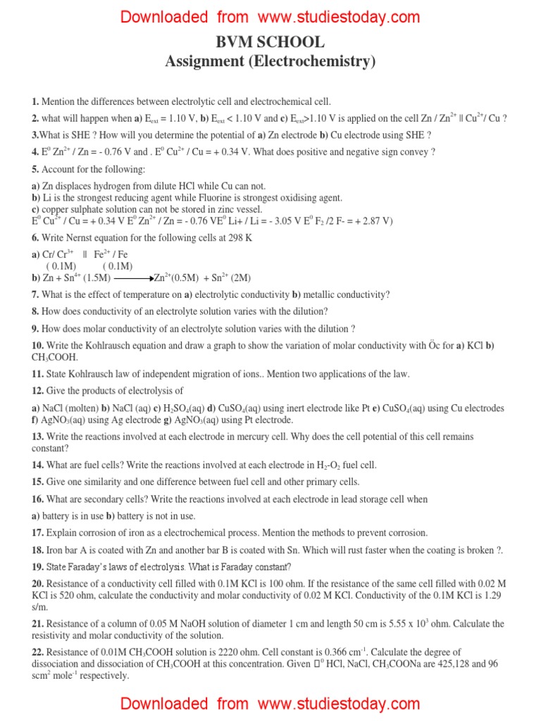 CBSE Class 12 Chemistry Worksheet - Electrochemistry | Download Free PDF | Reaction Rate ...