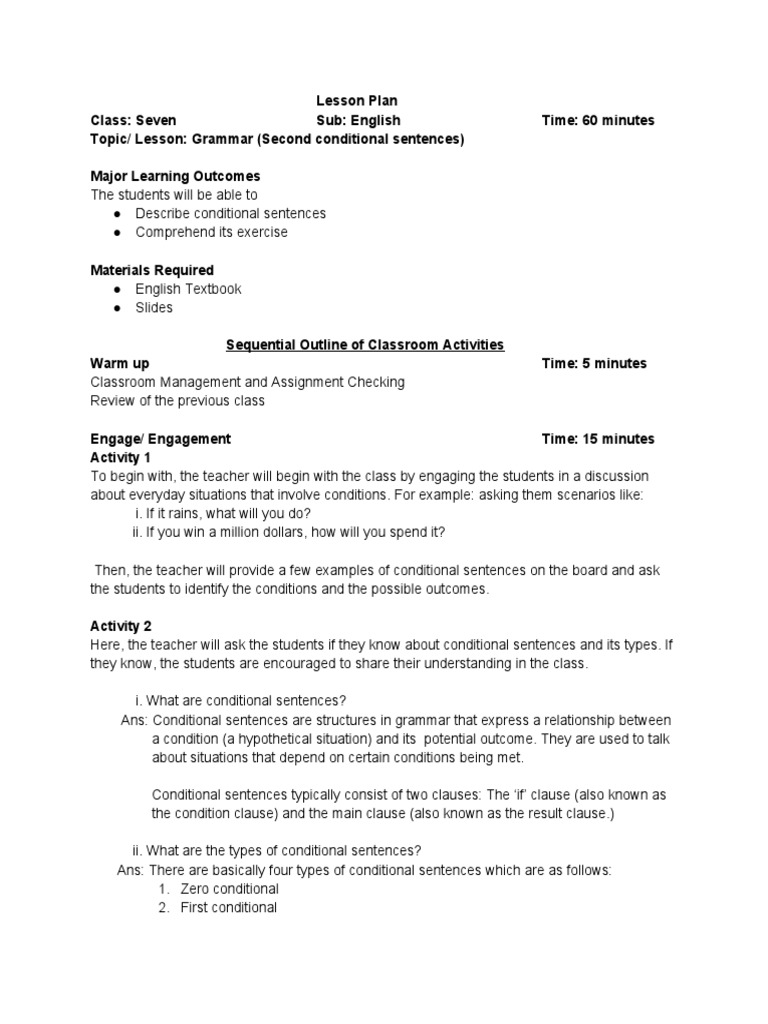 Lesson Plan (Conditional Sentences) | PDF | Sentence (Linguistics ...