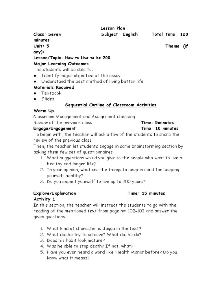 How To Live To Be 200 | PDF | Teachers | Lesson Plan