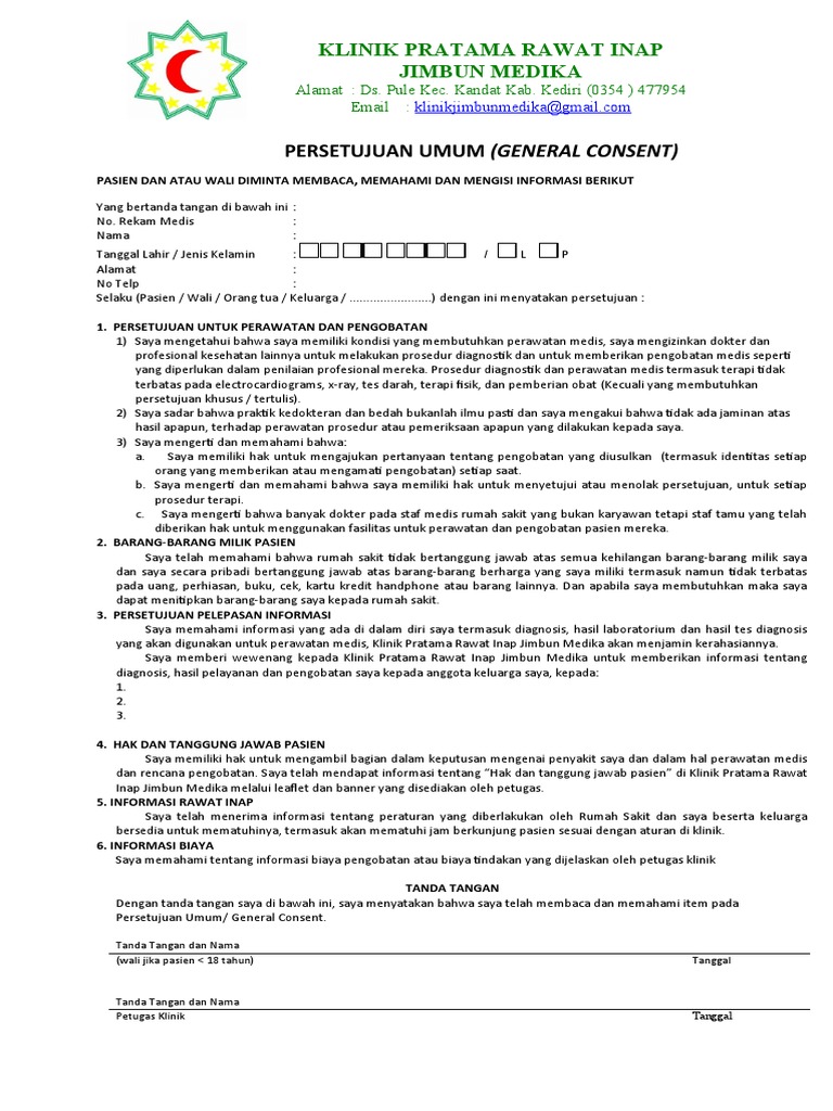FORM PASIEN DAN KELUARGA DALAM PROSES ASUHAN_GENERAL CONSENT | PDF