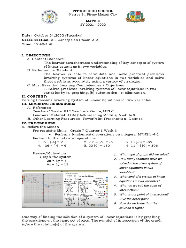 Lesson Plan-Cot-1st Grading Reflection Note | PDF | Equations | System Of Linear Equations