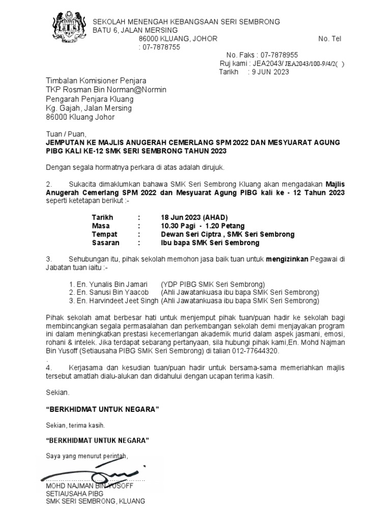 Surat Pelepasan Pegawai Penjara Untuk Majlis Anugerah Cemerlang & Mesy Agung Pibg Ke12 2023 ...