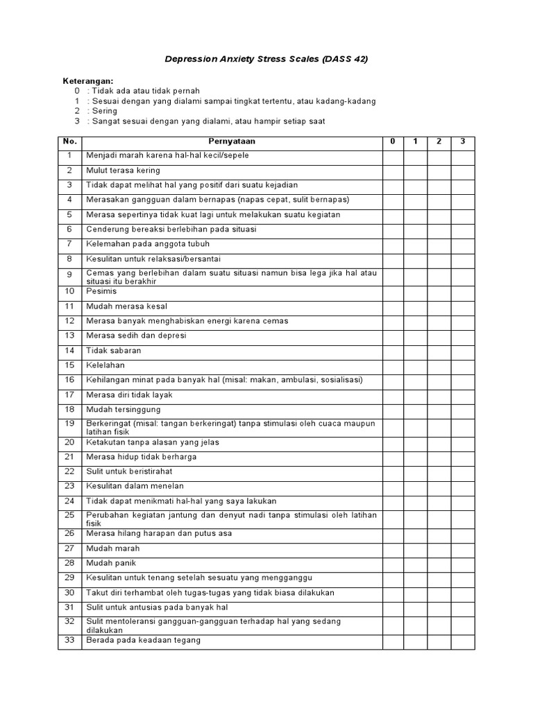 Skala DASS 42: Evaluasi Depresi, Kecemasan, Stres | PDF | Karier ...