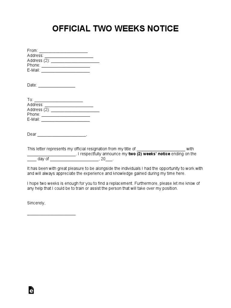 Official Two Weeks Notice Template | PDF