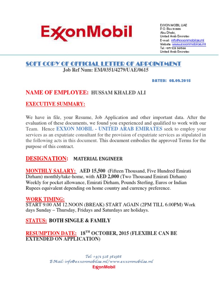 ExxonMobil UAE Job Offer Letter | PDF | Employment | United Arab Emirates