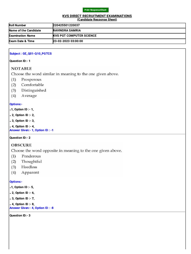 Response Sheet | PDF | Qualifications