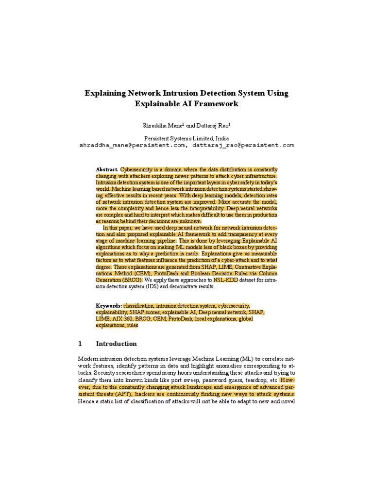 Explaining Network Intrusion Detection System Using Explainable Ai Framework Pdf Machine