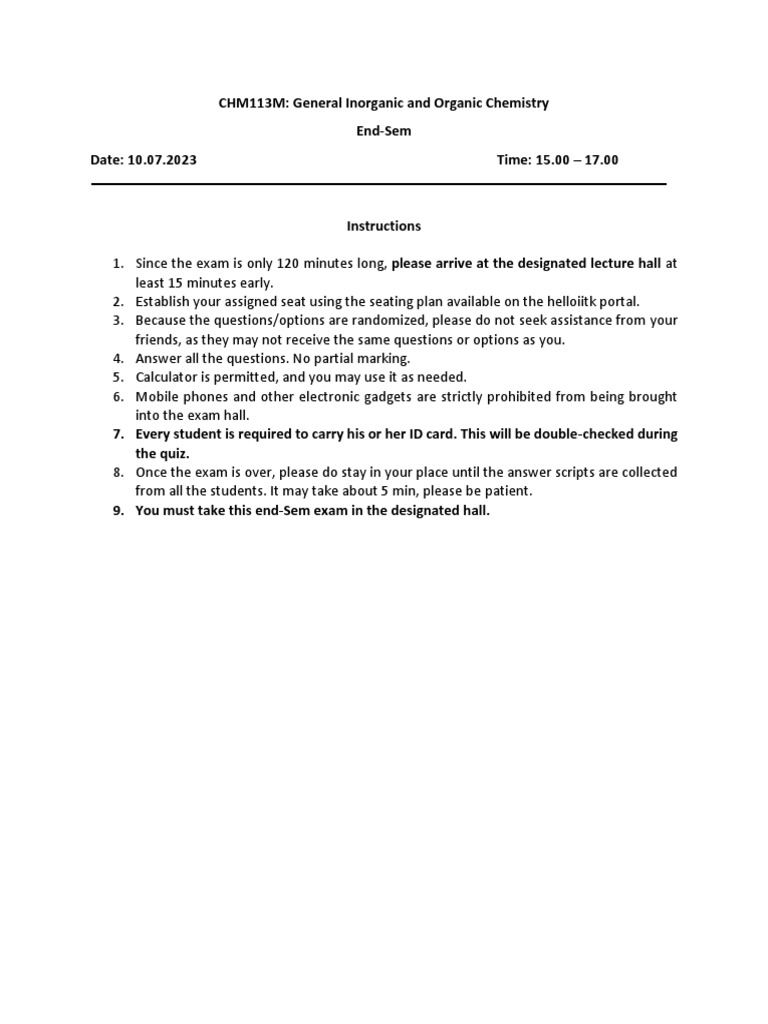 CHM 113 M - Endsem Instructions | PDF | Science & Mathematics | Technology & Engineering