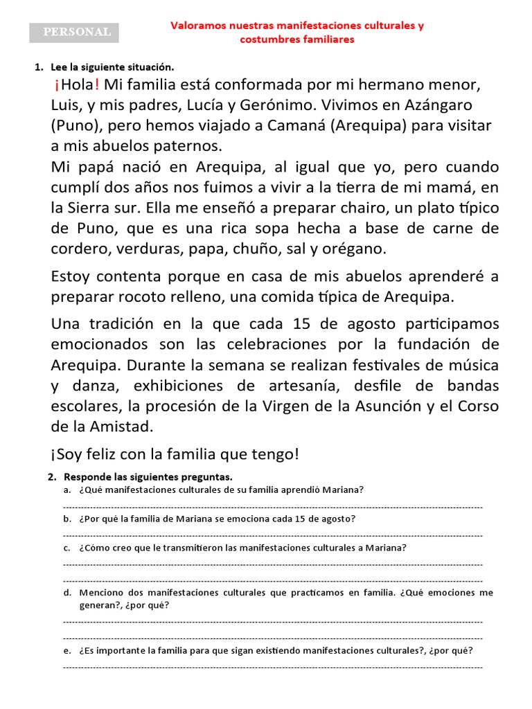 D1 A2 FICHA PS. Valoramos Nuestras Manifestaciones Culturales y Costumbres Familiares | PDF ...