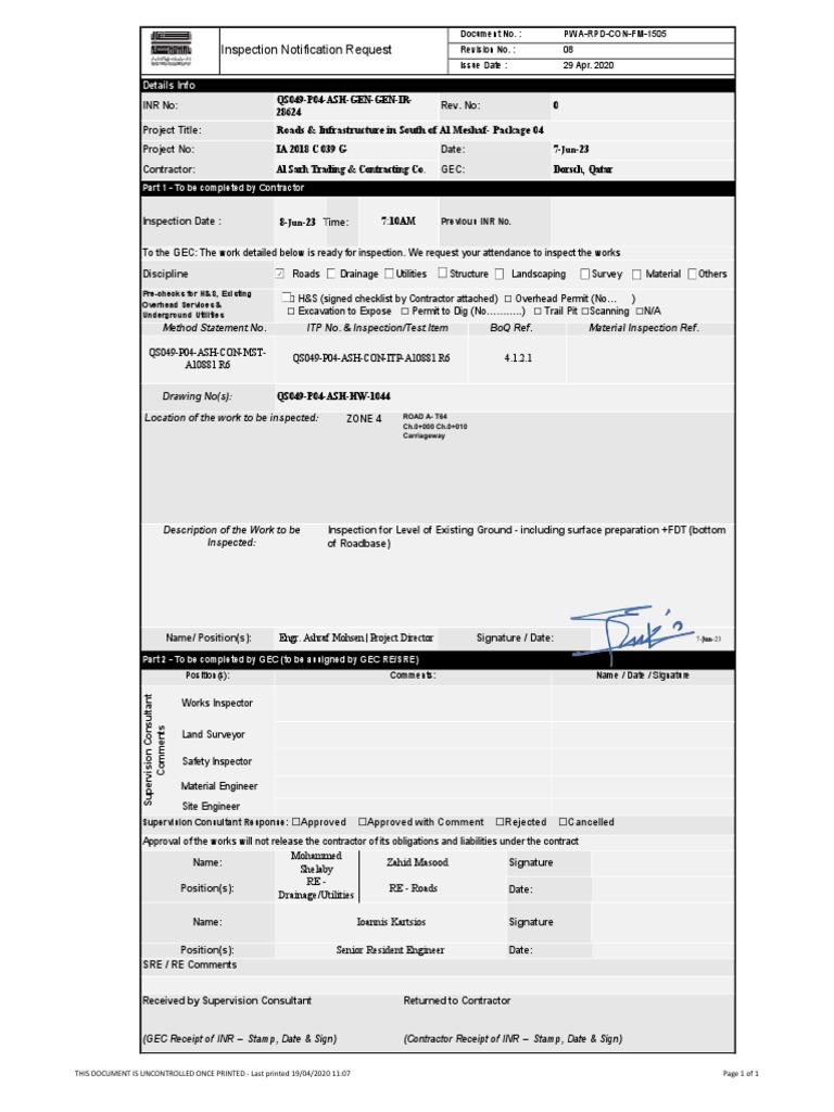 Inspection Notification for Roadworks | PDF | Civil Engineering