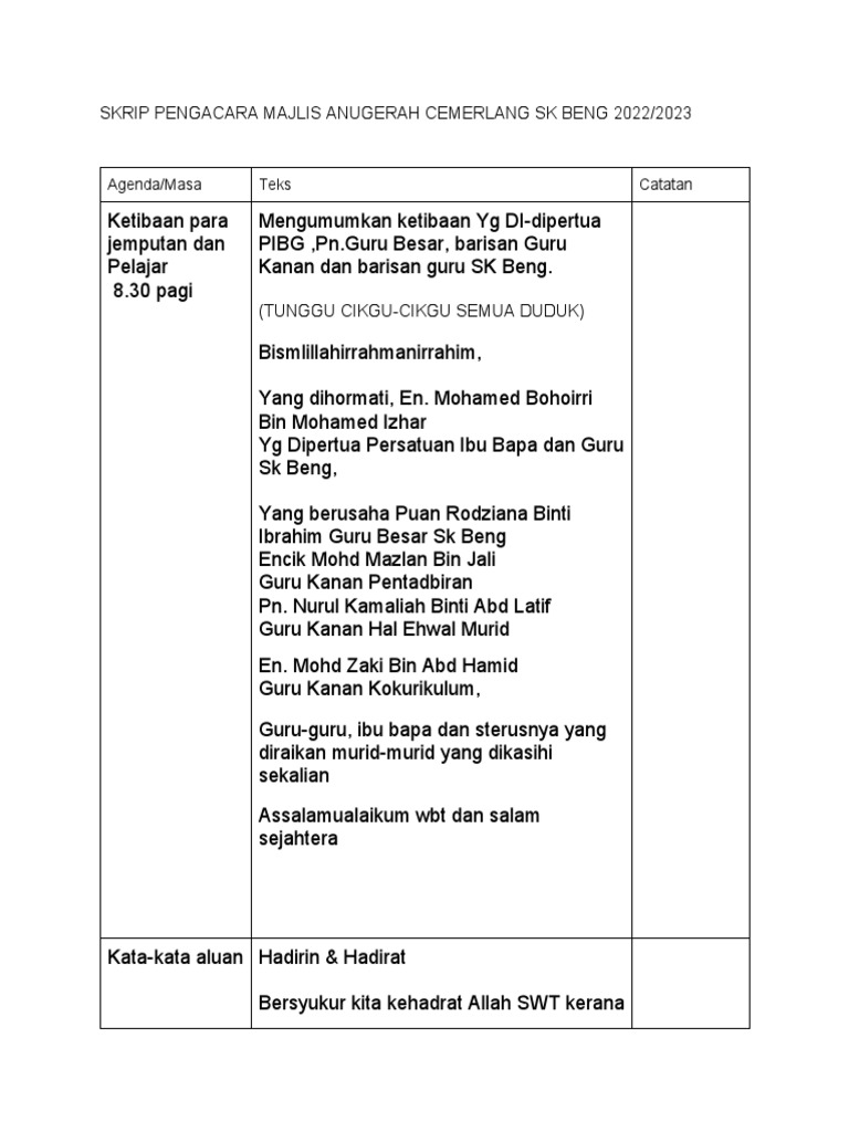 Skrip Pengacara Majlis Anugerah Cemerlang SK Beng 2022 | PDF