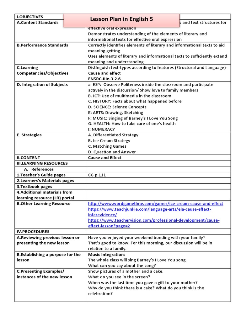 Cause and Effect..dll Lesson Plan | PDF | Lesson Plan | Learning