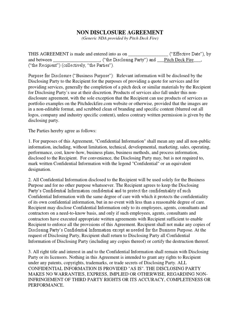 NDA for Pitch Deck Services | PDF | Non Disclosure Agreement ...