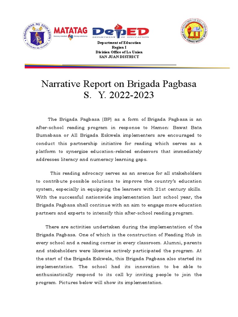 Brigada Pagbasa Narrative Report 2022-2023 | PDF | Learning | Behavior ...