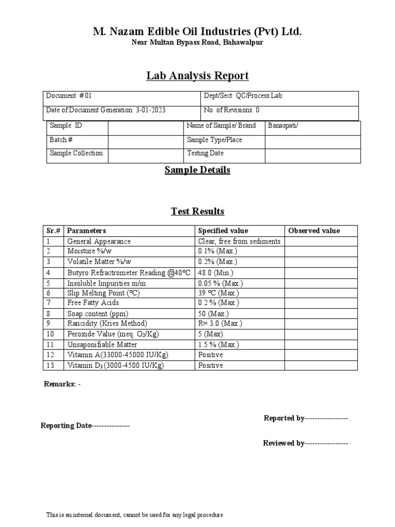 Edible Oil Lab Analysis Report | PDF