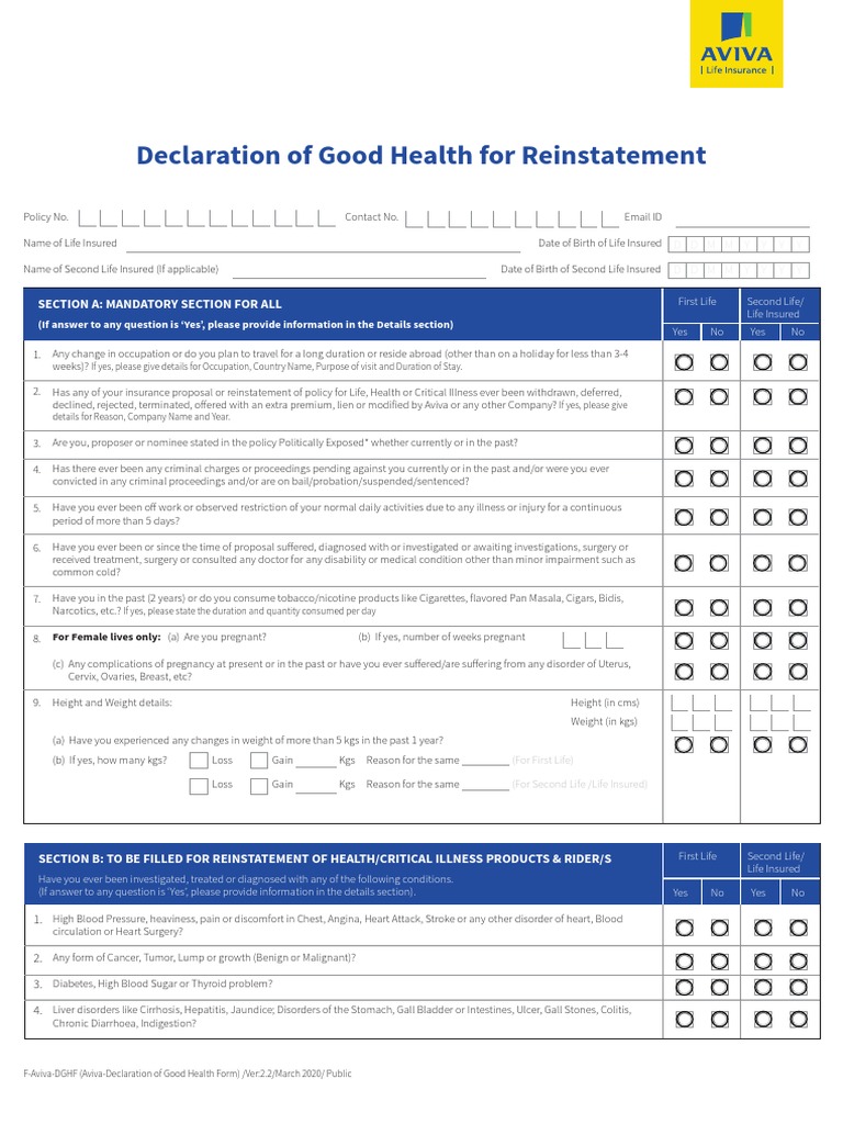 Declaration of Good Health Form | PDF | Insurance | Cancer
