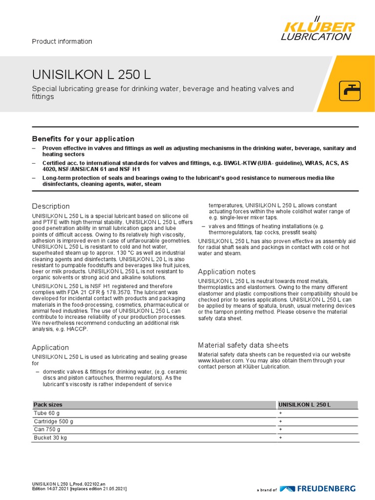 Kluber Unisilkon L 250 L Special Lubricating Grease Ptfe Datasheet ...