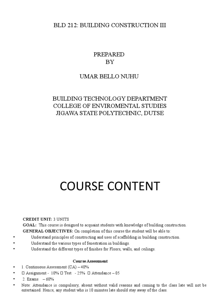 BLD 212 Lecture 1 | PDF | Scaffolding | Architectural Design