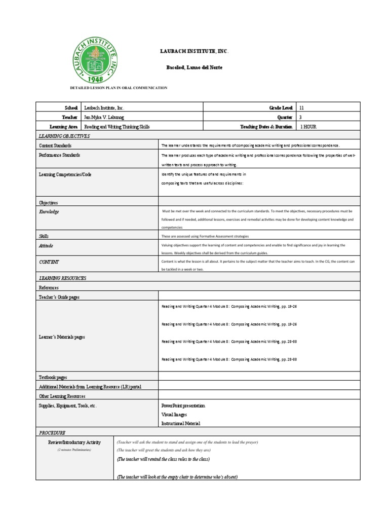 Lesson Plan for Writing Skills | PDF | Learning | Lesson Plan