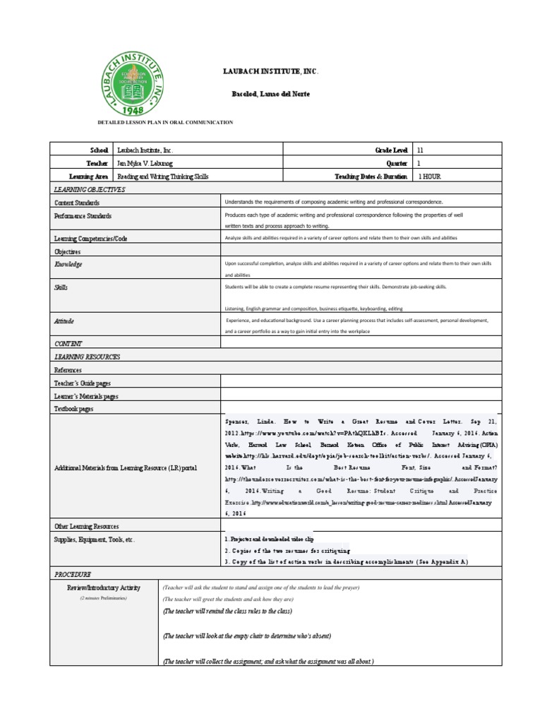 Reading and Writing Skills Lesson Plan (Quarter 4) | PDF | Résumé ...