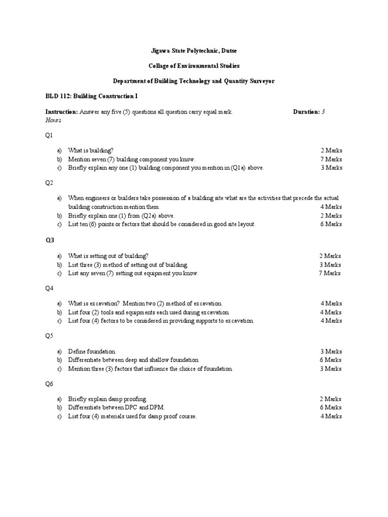 BLD 112 Exam: Building Construction I | PDF