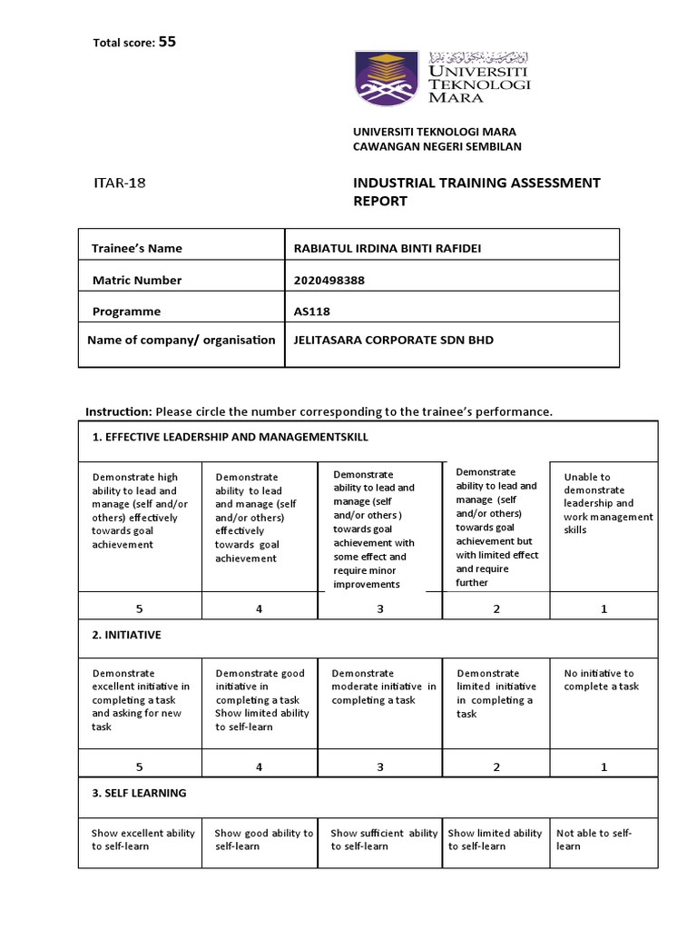 Industrial Training Assessment Report | PDF | Goal | Behavior Modification