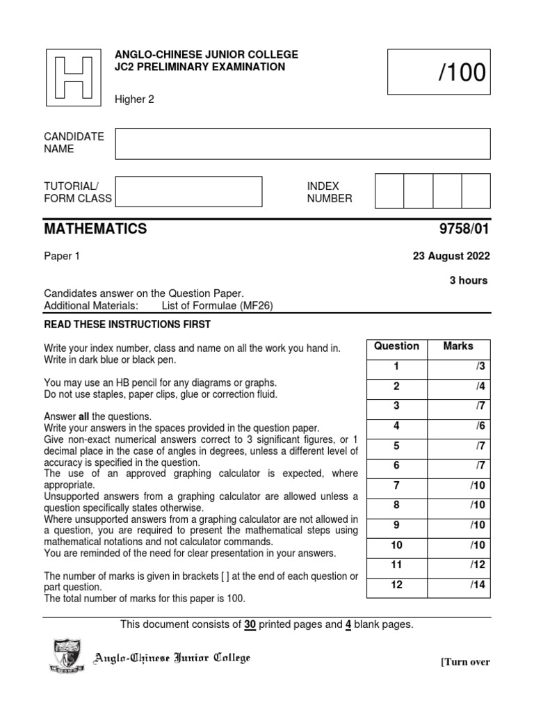 Anglo Chinese JC H2 Math Prelim 2022 | PDF