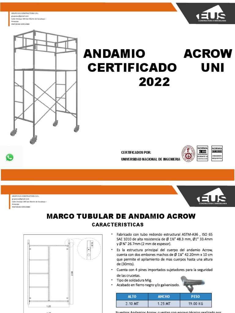 Ficha Tecnica Andamiaje Convencional Acrow Certificacion Uni 2023 Eus | PDF | Andamio | Procesos ...