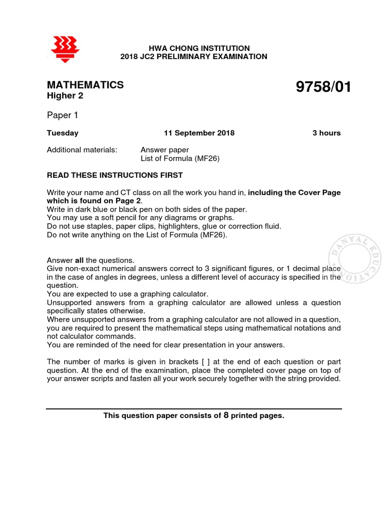 A Level H2 Math Hwa Chong Institution JC2 Prelim 2018 | PDF | Asymptote ...