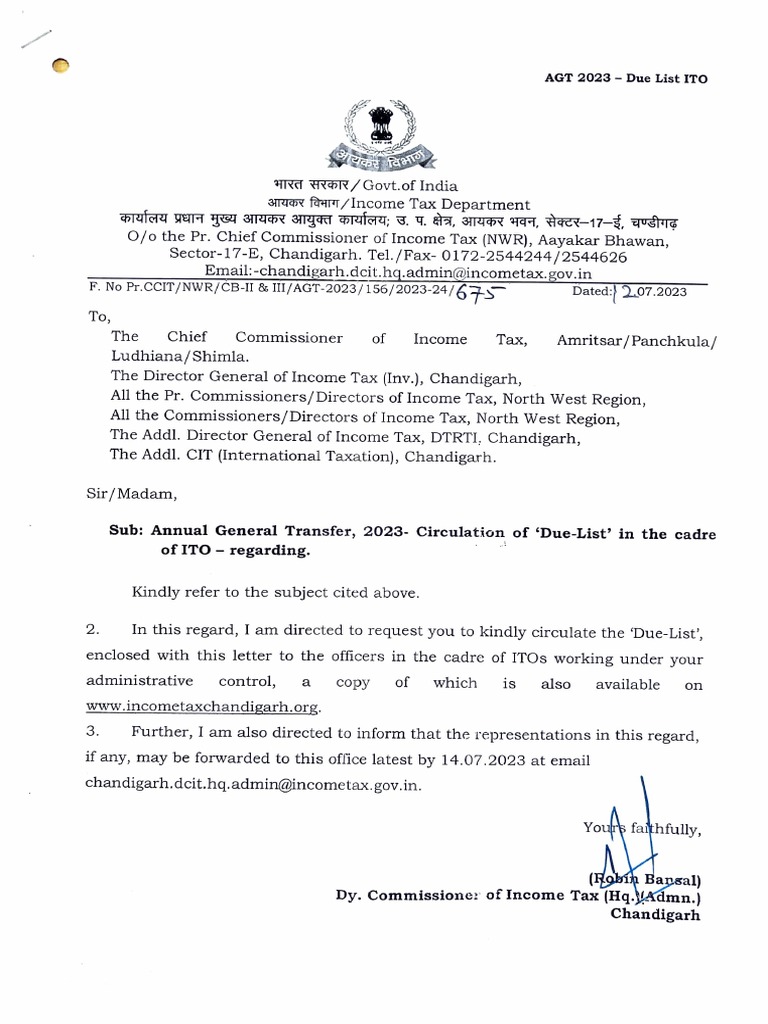 AGT - 2023 - Circulation of DUE LIST in The Cadre of ITO | PDF