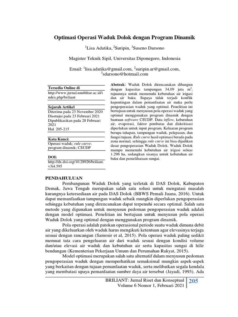 Adatika, Suripin, Darsono - 2021 - Optimasi Operasi Waduk Dolok Dengan Program Dinamik | PDF ...