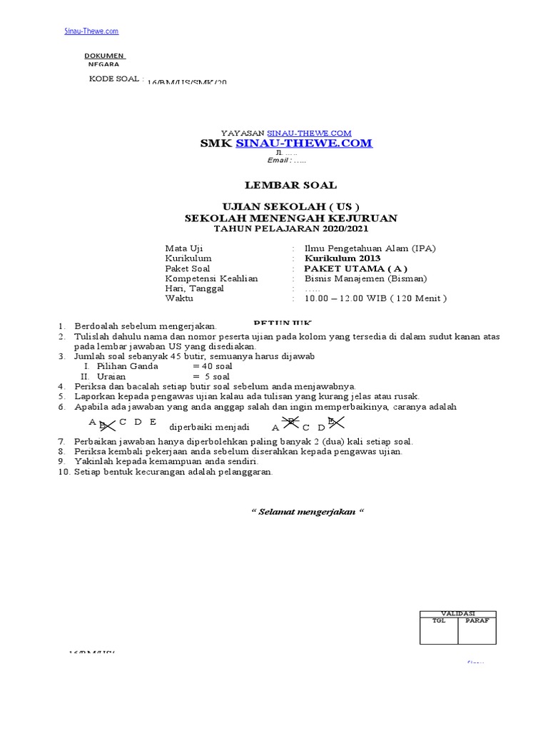 Naskah Soal Ujian Sekolah IPA Tahun 2020-2021 Paket A | PDF | Sains & Matematika