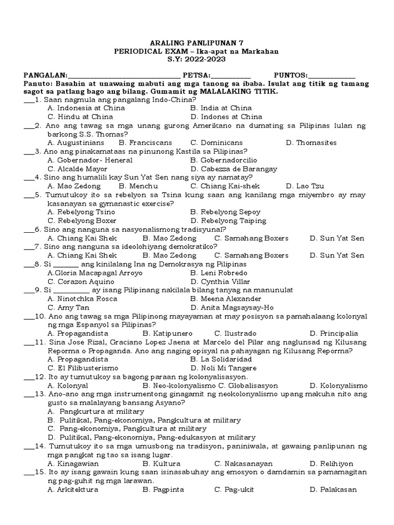 Periodical Exam Ap7 Q4 | PDF