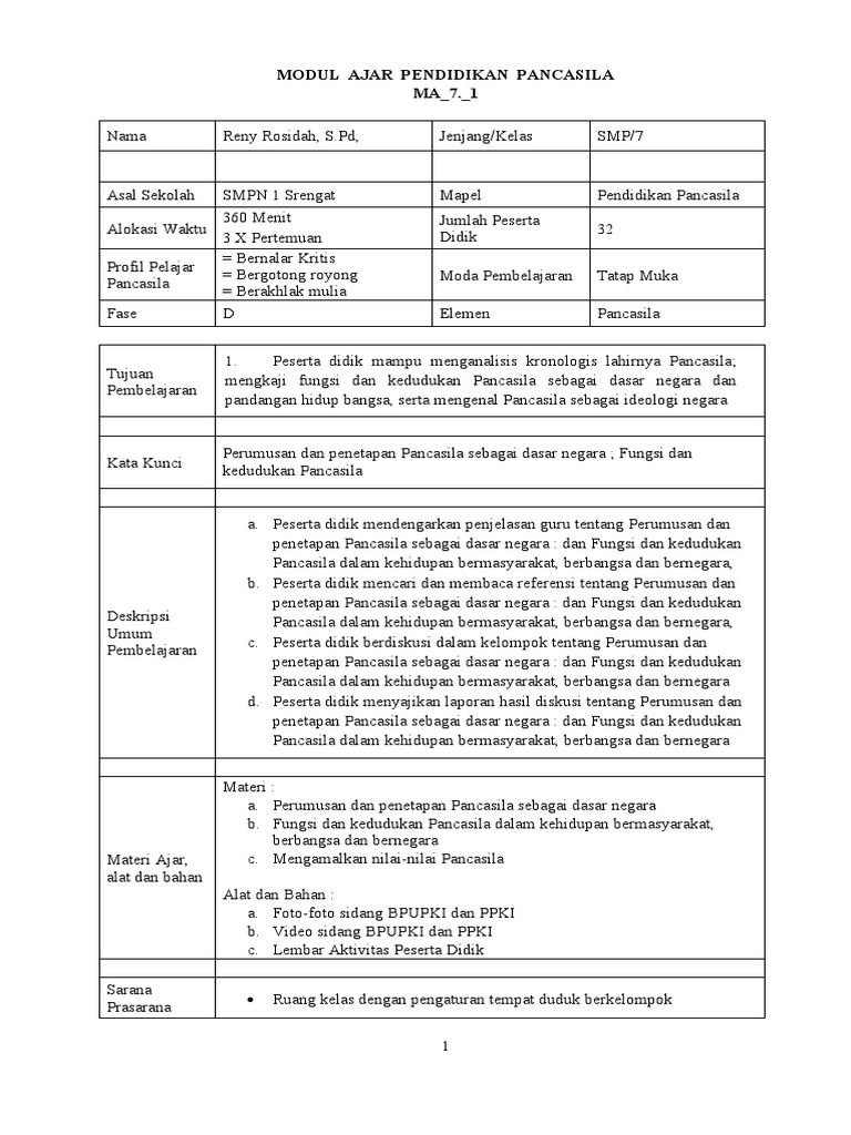 1.PKN - Modul Ajar - 7 - 1 Semester 1 | PDF | Karier & Perkembangan | Sains & Matematika