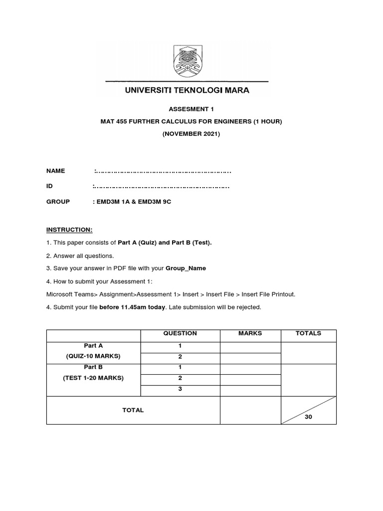 Assesment 1 Mat455 (Nov 2021) | PDF | Limit (Mathematics) | Calculus