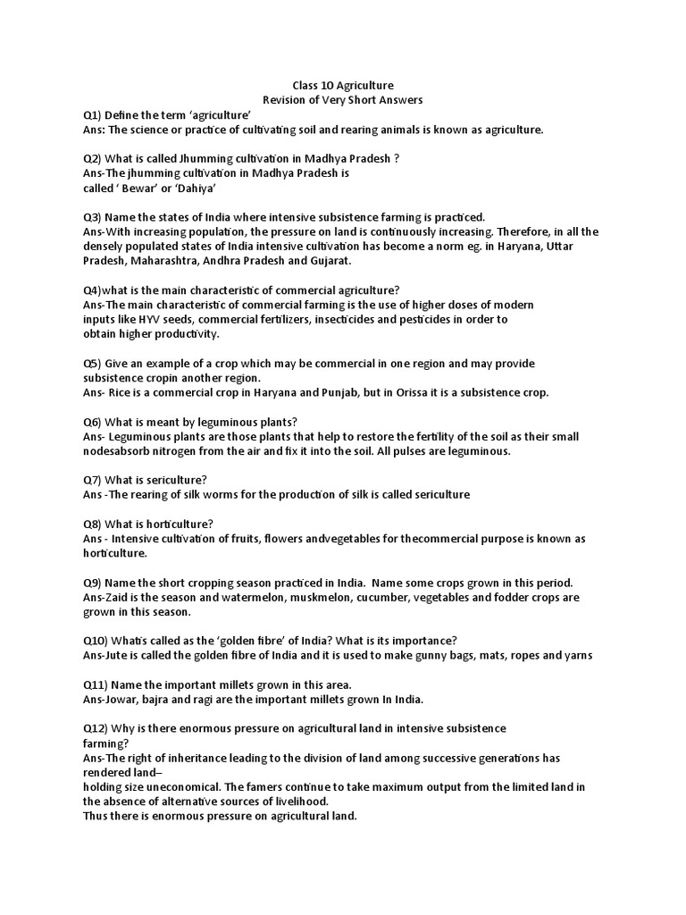 Class 10 Agriculture Revision Guide | PDF | Agriculture | Intensive Farming