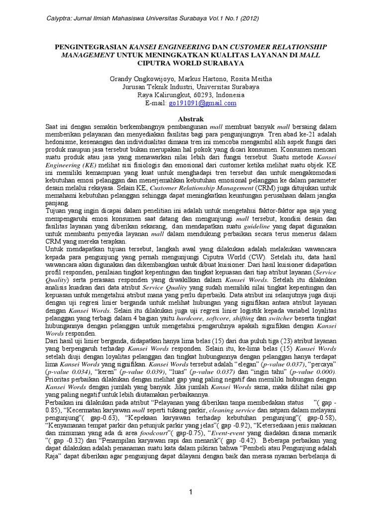 Pengintegrasian Kansei Engineering Dan Customer Relationship Management Untuk Meningkatkan ...