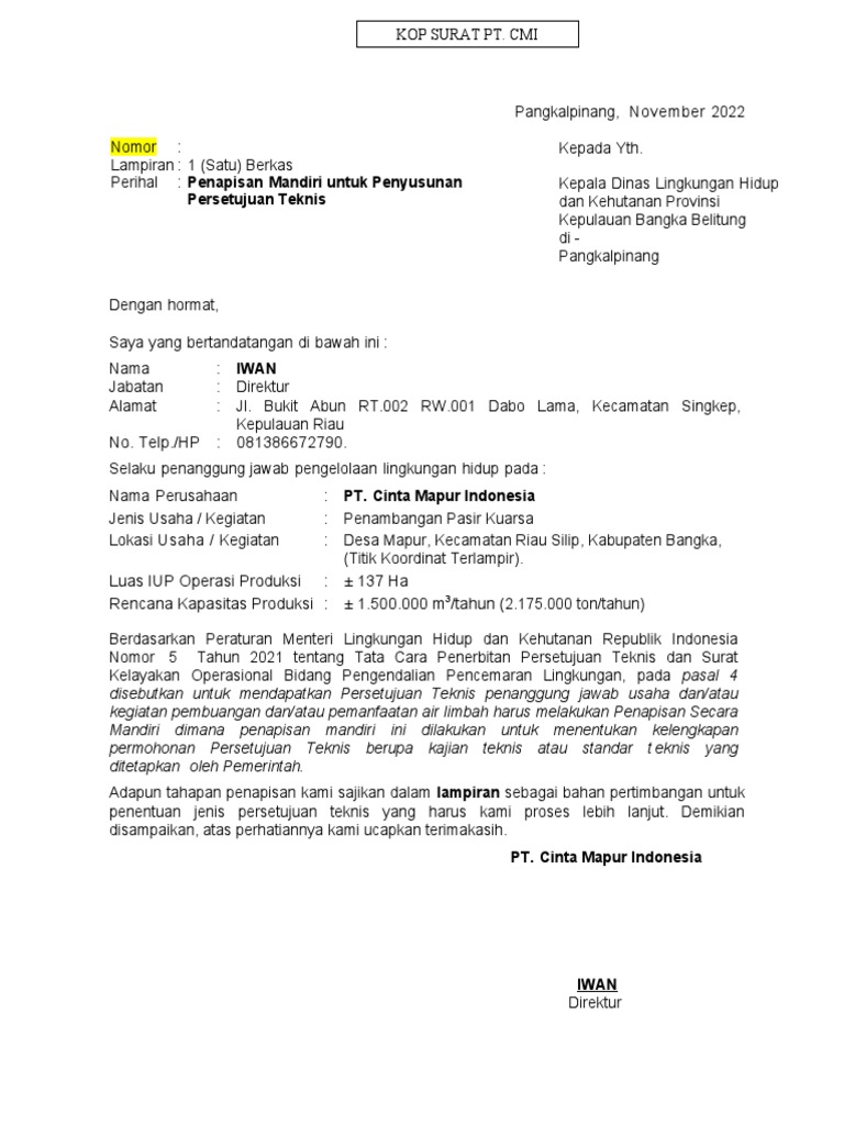 Surat Penapisan Mandiri Air Limbah | PDF