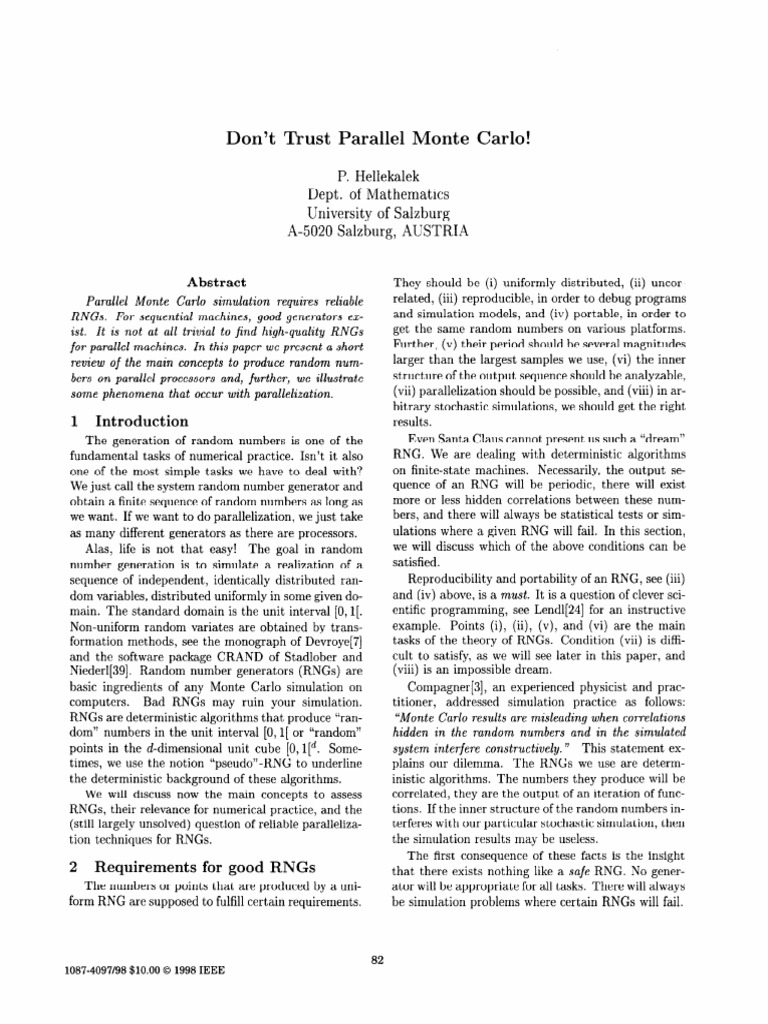 Dont Trust Parallel Monte Carlo | PDF | Randomness | Monte Carlo Method Dont Trust Parallel Monte Carlo | PDF | Randomness | Monte Carlo Method