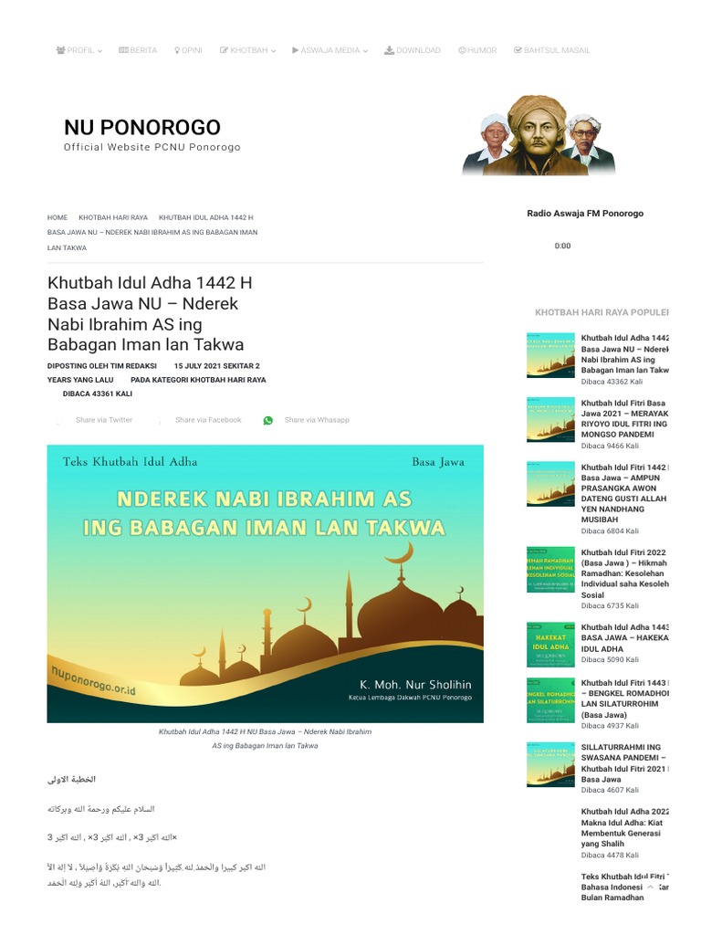 Khutbah Idul Adha 1442 H Basa Jawa NU - Nderek Nabi Ibrahim AS Ing ...