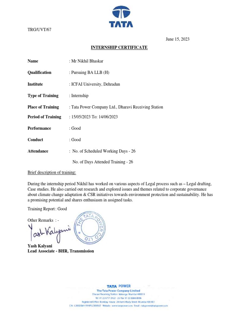 Internship certificate - Nikhil Bhaskar 150623 | PDF